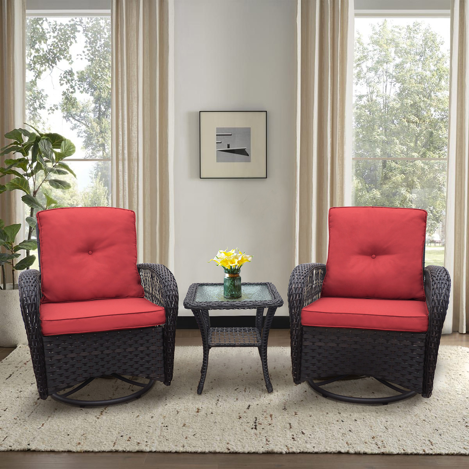 JP Outdoor Patio Swivel Chairs Set of 2,Rattan Rocker Bistro Sets with ...